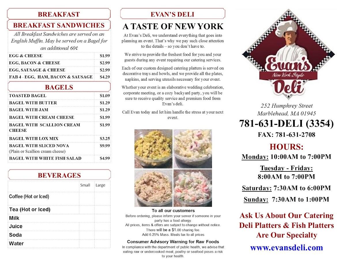 Menu at Evan's New York Style Deli restaurant, Marblehead, 252 Humphrey St