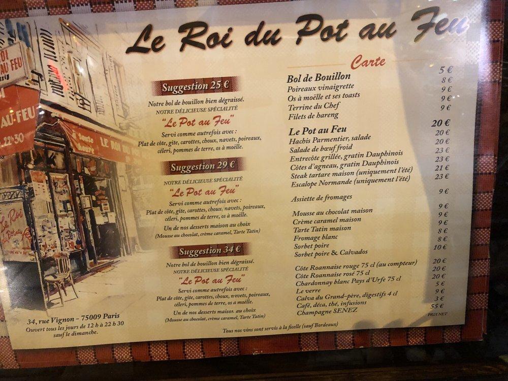 Menu Au Le Roi Du Pot Au Feu Restaurant Paris