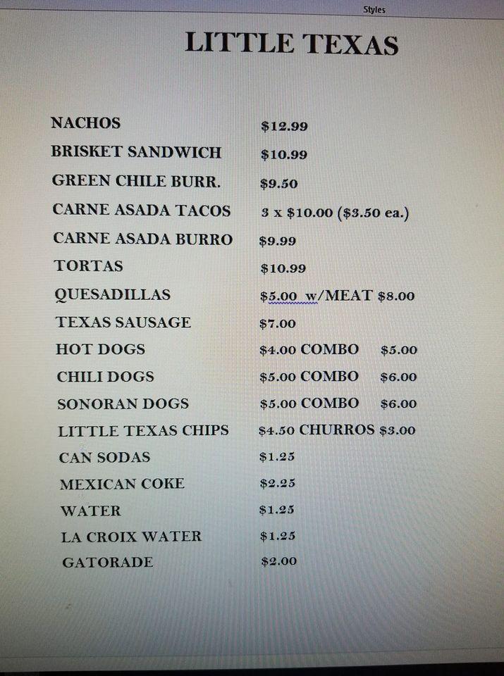 Menu at Little Texas LLC restaurant, Green Valley