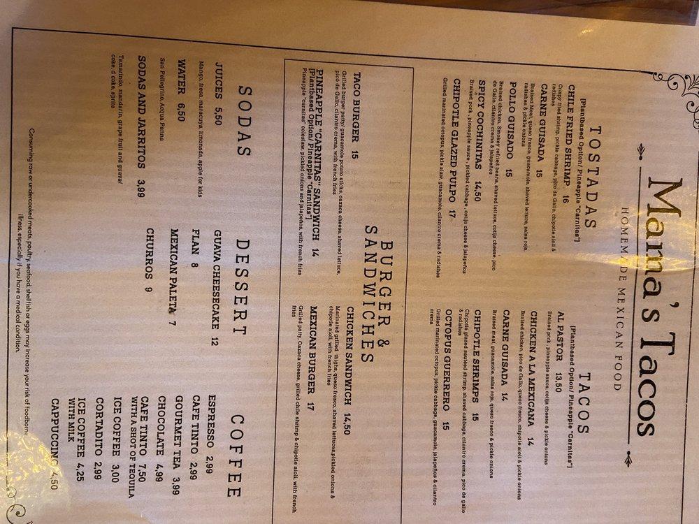 Menu at Mama's Tacos restaurant, Miami Beach
