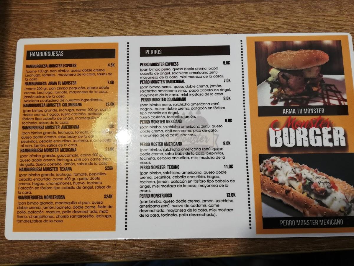 Carta del restaurante Monster Burger, Tunja