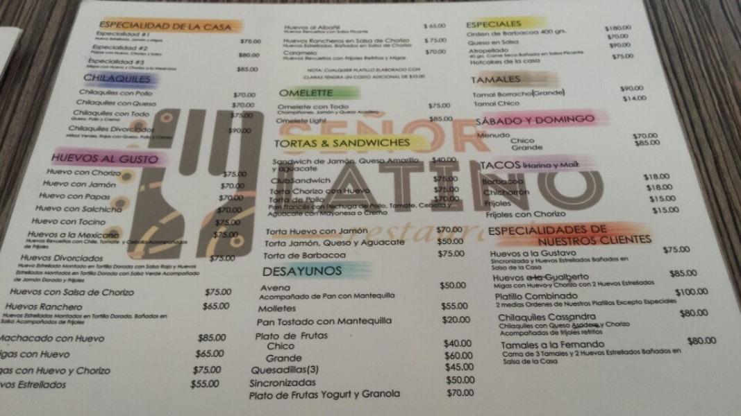 Menu at Señor Latino cafeteria, San Pedro Garza García, Rio Mississippi 235