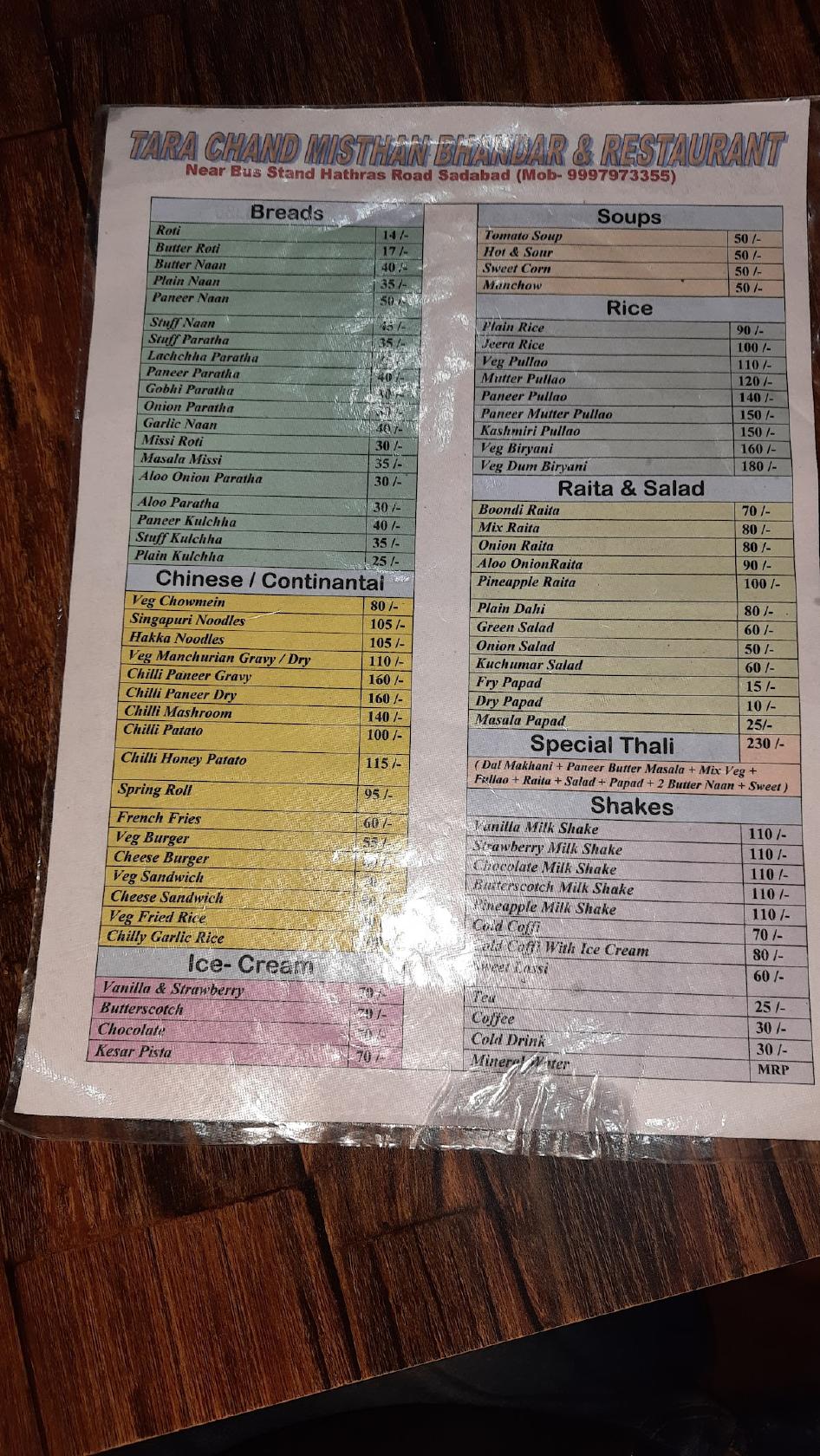 Menu at Tarachand Misthan Bhandar & Restaurant, Sadabad