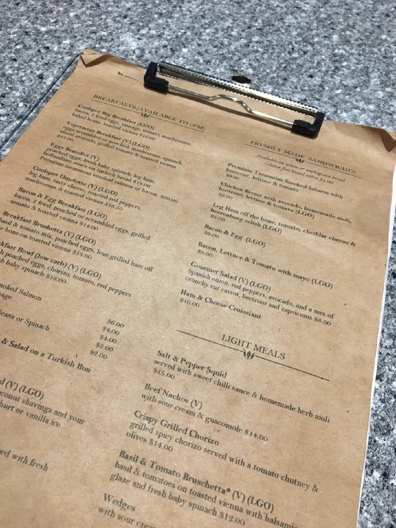 Menu at The Fannie Bay Coolspot restaurant, Fannie Bay, 1 Keith Ln