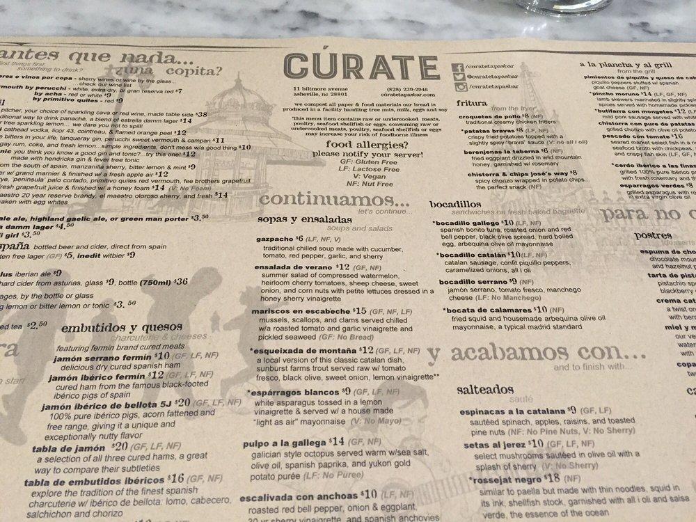 Menu at Cúrate pub & bar, Asheville