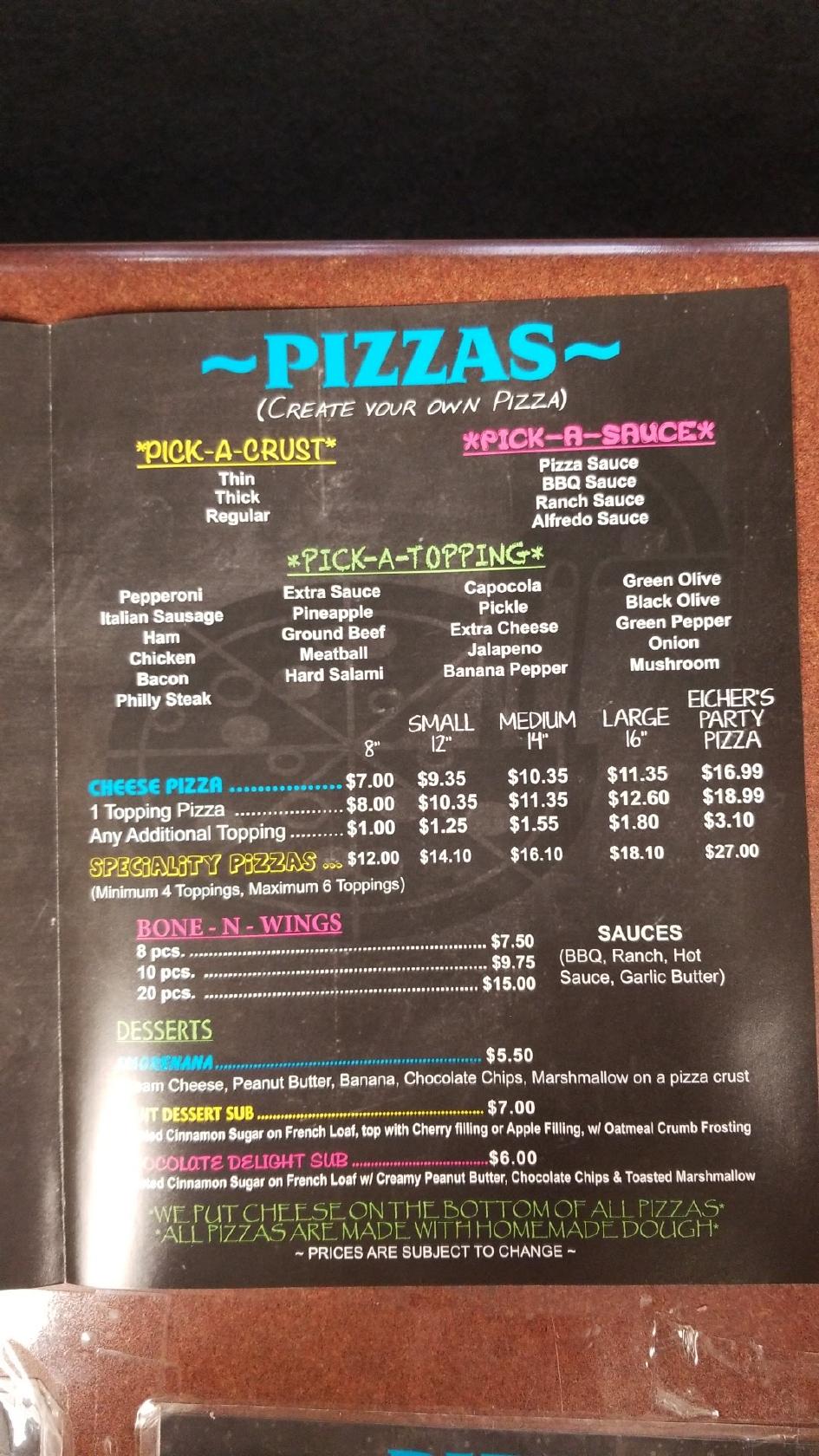 Menu at Eichers Subs restaurant, Montpelier