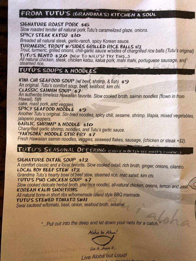 Menu at Nalu's Hawaiian Fish Grill & Tutu's Kitchen restaurant, San ...