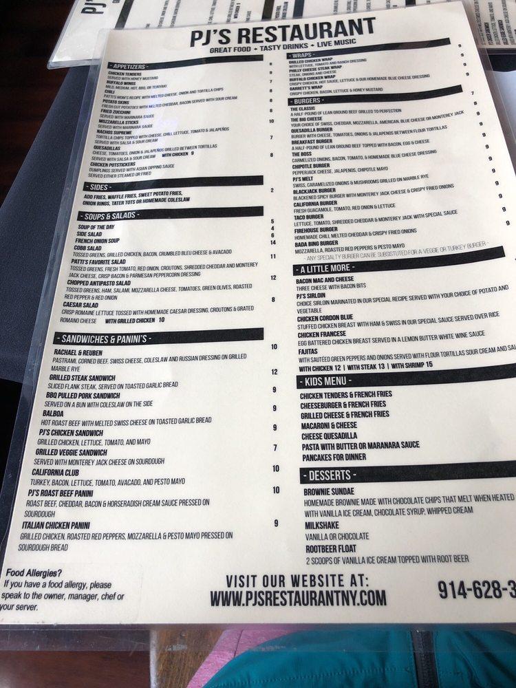 Menu at PJ's pub & bar, Mahopac