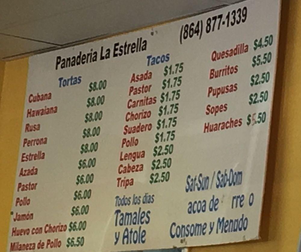 Menu at Panaderia La Estrella restaurant, Greer