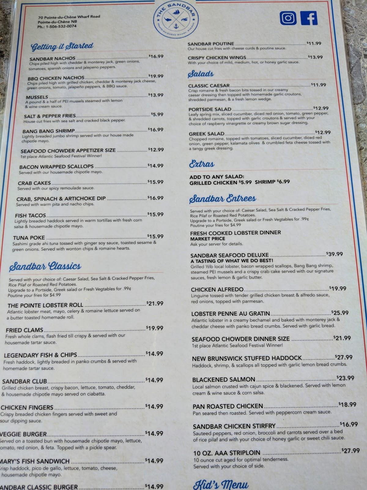 Menu at Sandbar, Shediac