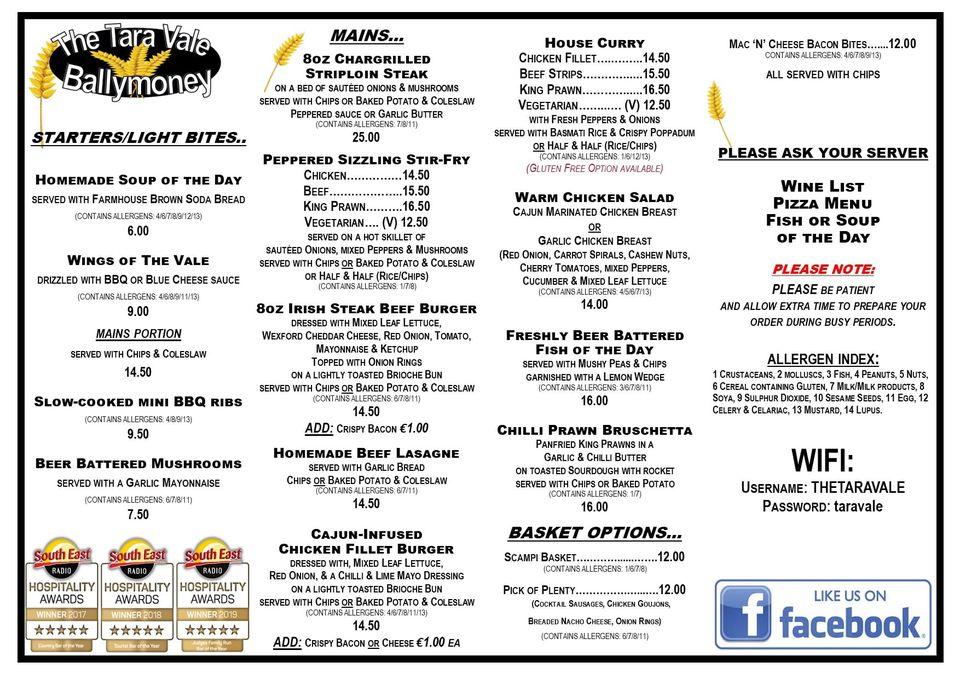 Menu at The Tara Vale pub & bar, Ireland