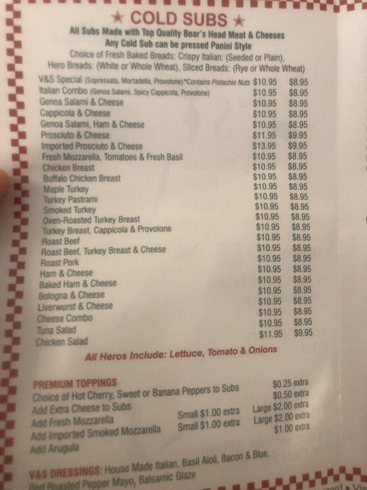 Menu at V & S Italian Deli restaurant, Boca Raton