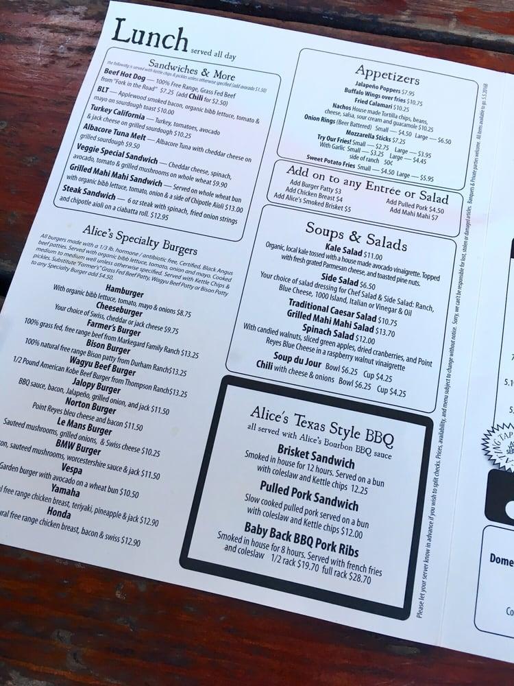 Menu at Alice's Restaurant, Woodside, Skyline Blvd
