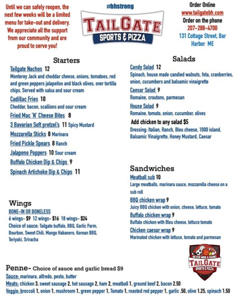 Menu at Tailgate Kitchen & Bar, Bar Harbor