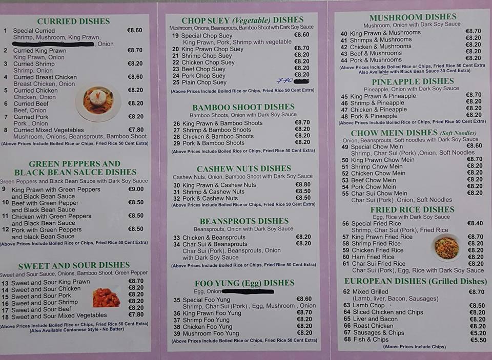 Menu at Hang Fung Chinese Carry Out fast food, Monaghan
