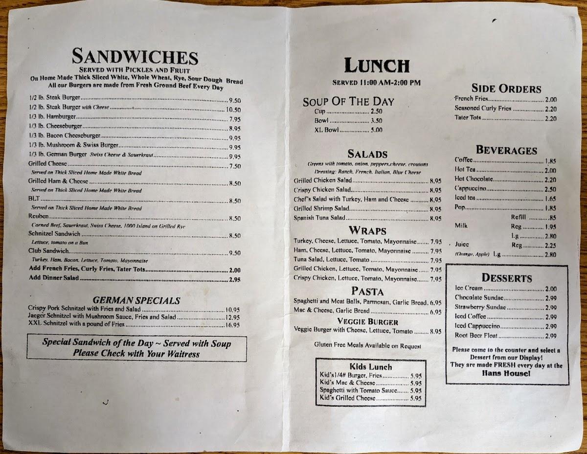 Menu at Hans House cafe, Elbow Lake