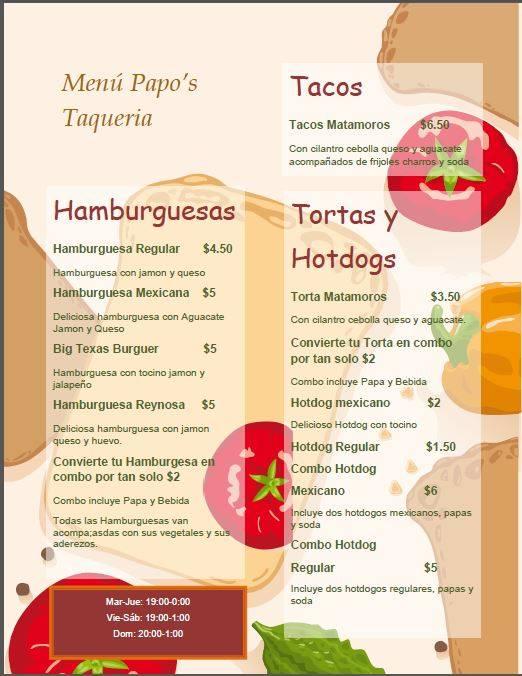 Menu at Papo's Taqueria Page restaurant, Alamo