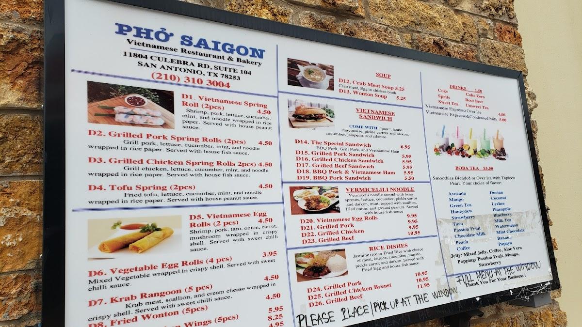 Menu at Pho Saigon at Alamo Ranch restaurant, San Antonio, Culebra Rd #104