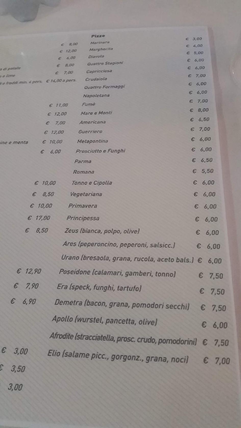 Menu da Il Guerriero ristorante, Metaponto