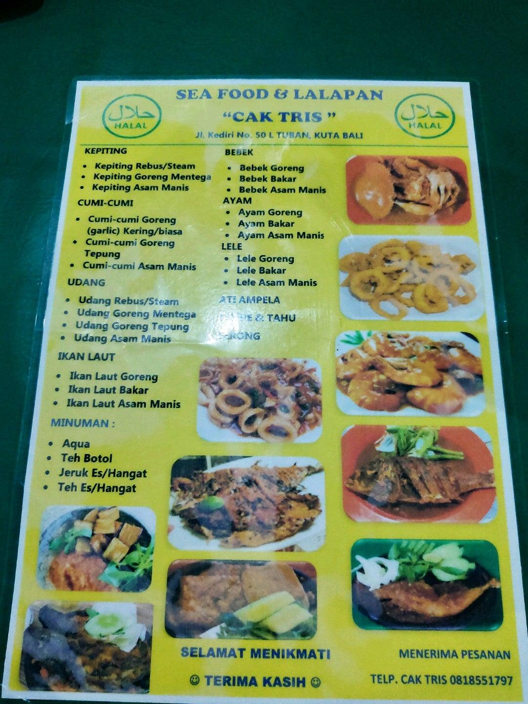 Menu at Sari laut Cak Eko restaurant, Denpasar
