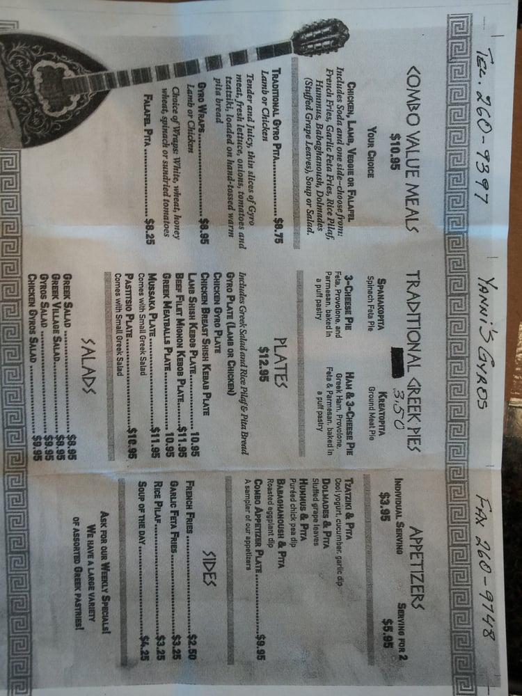 Menu at Yanni's Gyros restaurant, Las Vegas