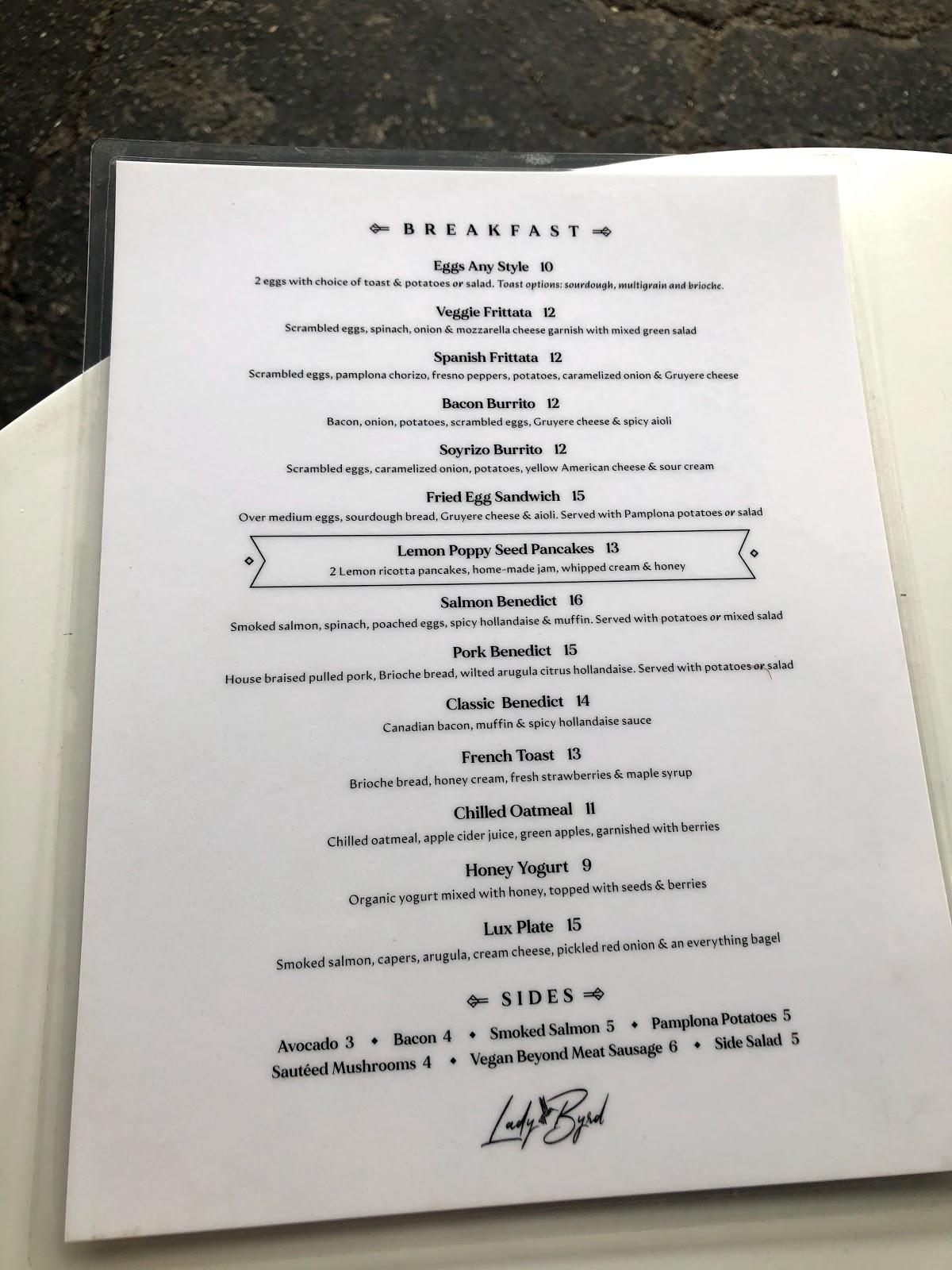 Menu at lady byrd cafe, Los Angeles