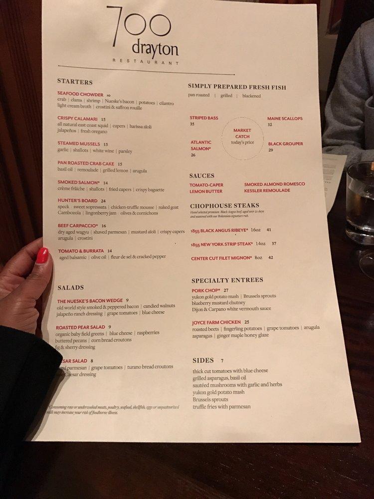 Menu at 700 Drayton Restaurant, Savannah