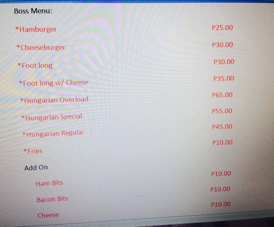 Menu at Boss Burger restaurant, Angono