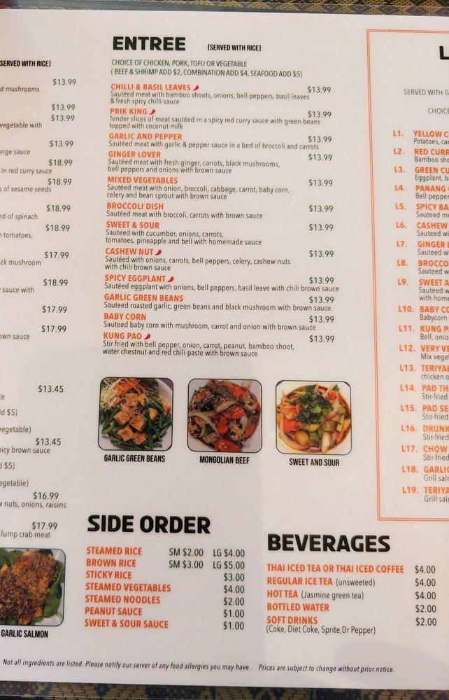 Menu at Bull Thai AZ restaurant, Bullhead City