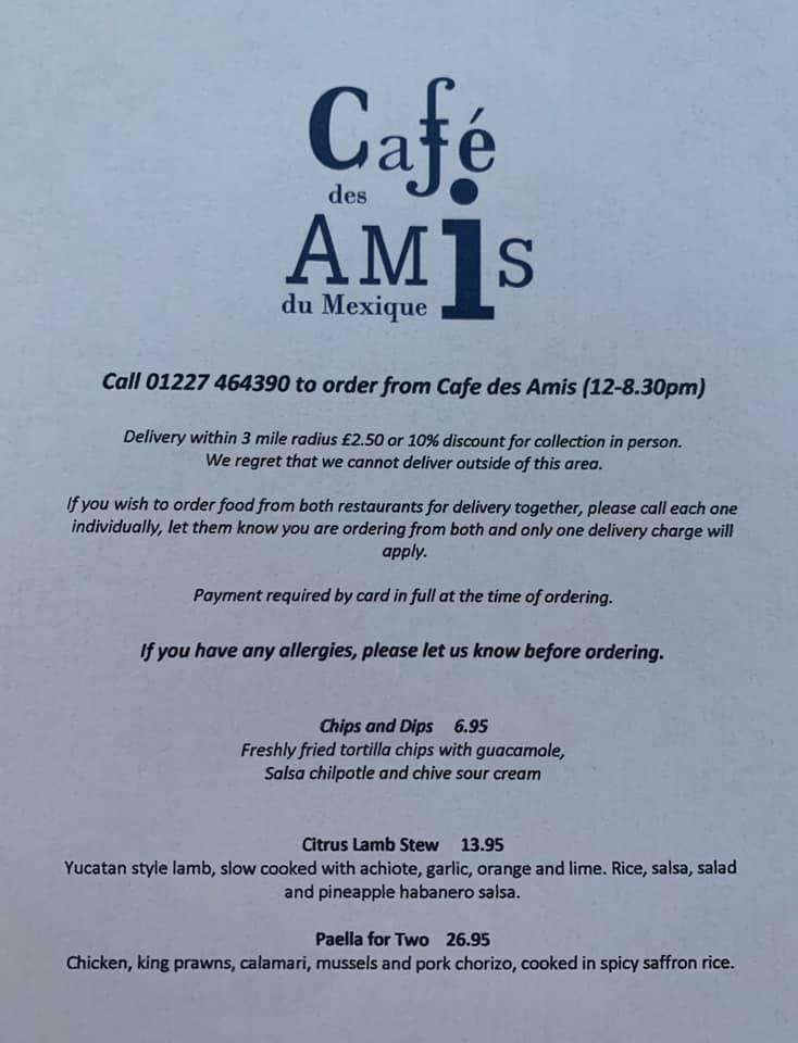 Menu at Café des Amis restaurant, Canterbury