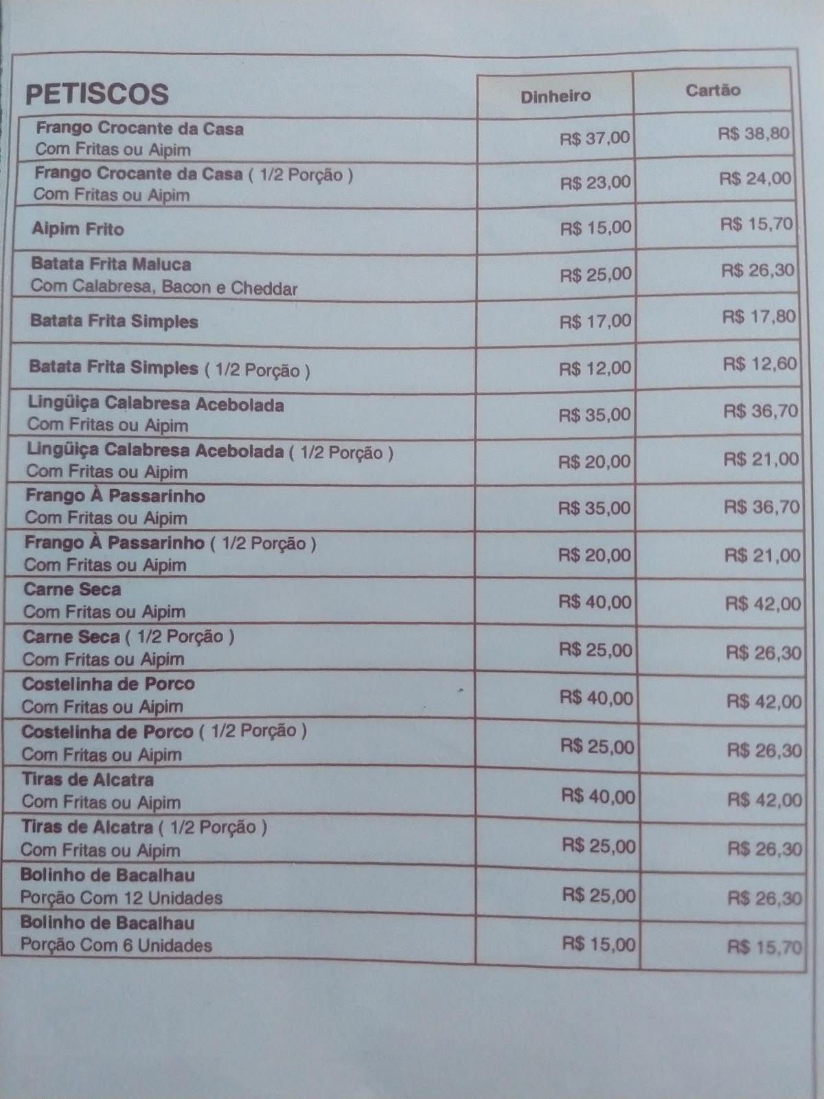 Carta del restaurante Casa Du Frango & Cia, Rio del Janeiro