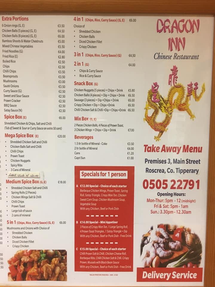 Menu at Dragon inn pub & bar, Roscrea