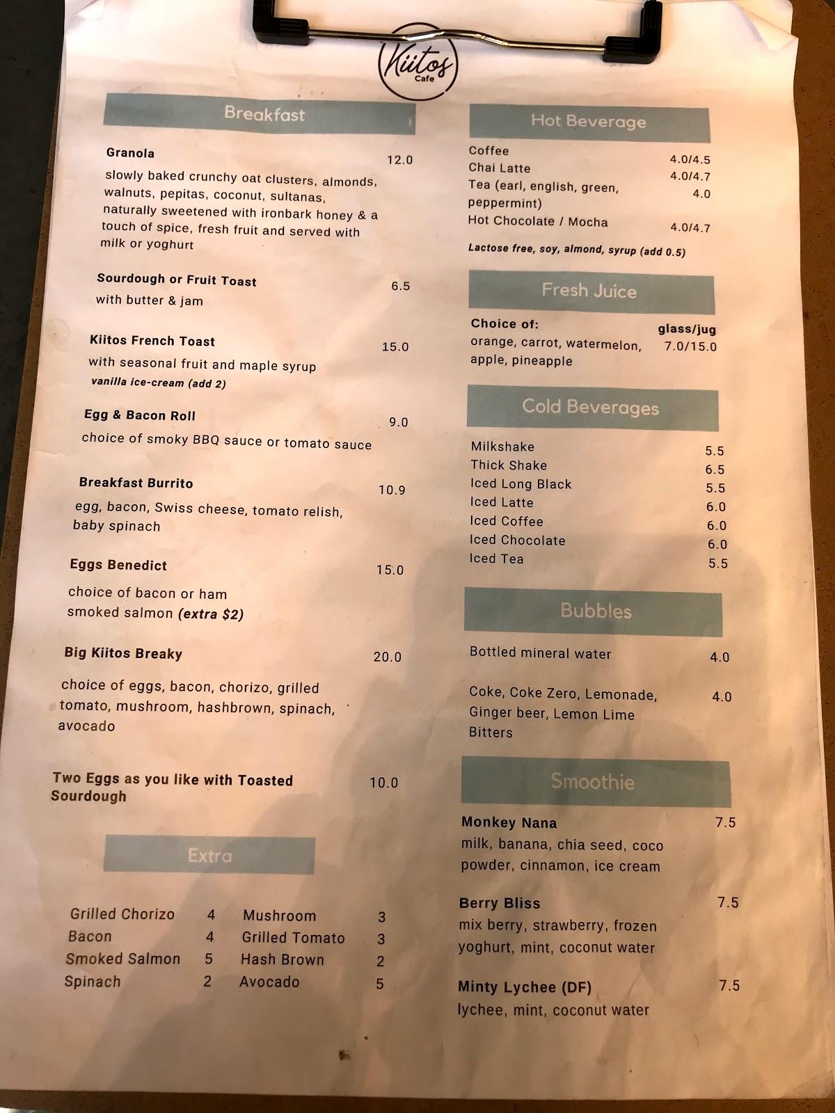 Menu at Kiitos Cafe, Canberra