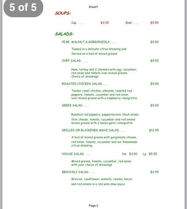 Menu at Mosca's pizzeria, Sunrise Beach Village