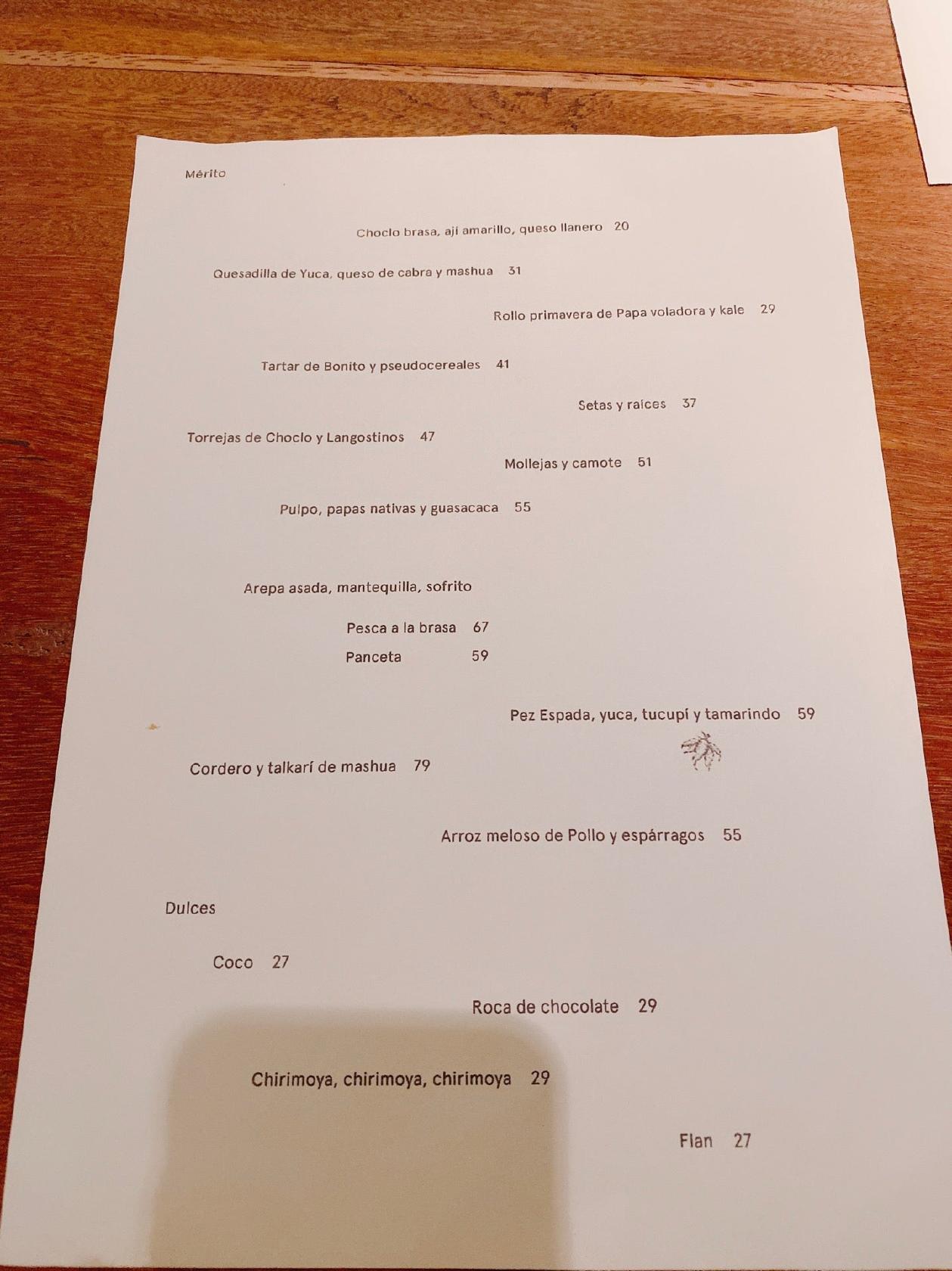 Carta del restaurante Mérito, Barranco