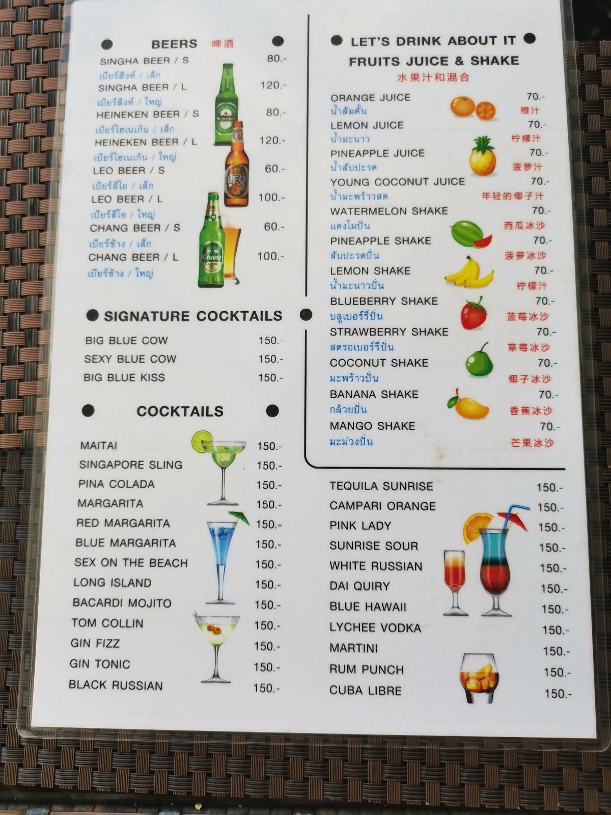 Carta de Big Blue Cow Restaurant, Choeng Thale