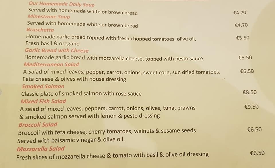 Menu at Claddagh Restaurant, Blarney