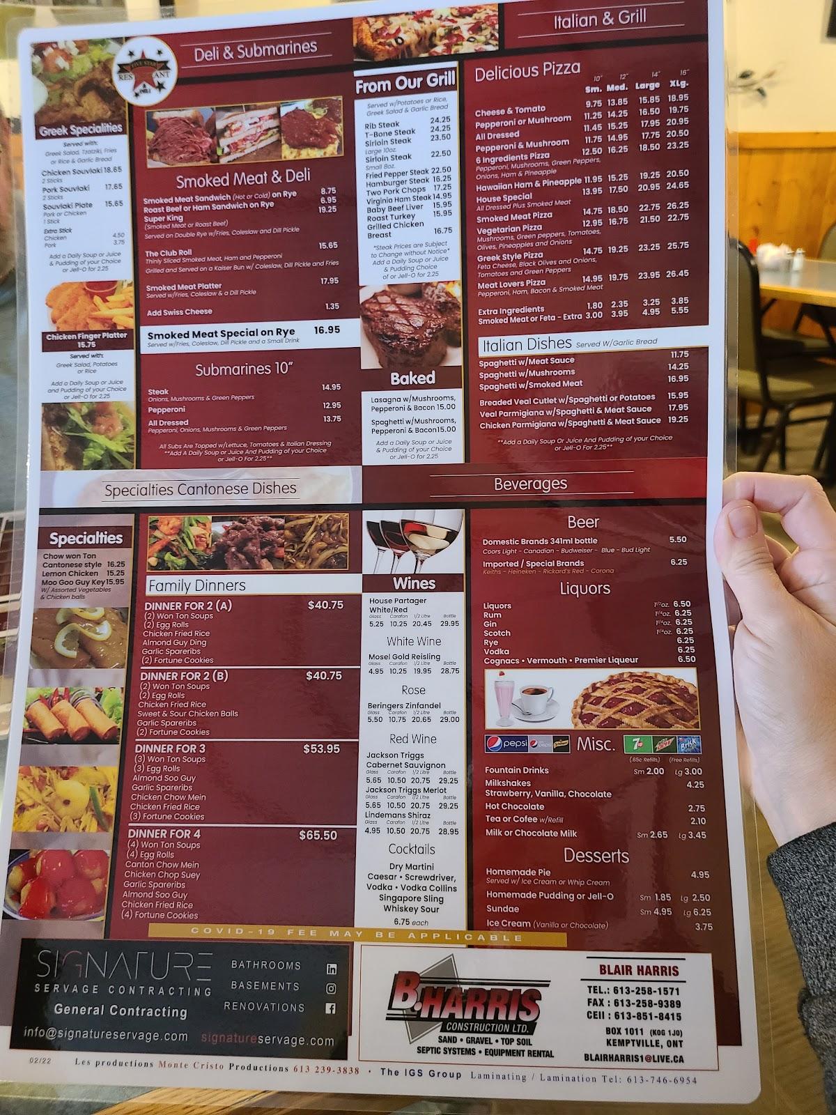 Menu at Five Star Restaurant, Kemptville