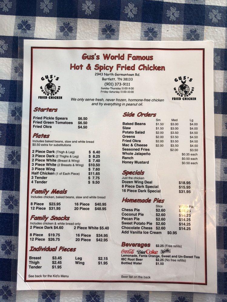 Menu at Gus's World Famous Fried Chicken restaurant, Bartlett, N ...
