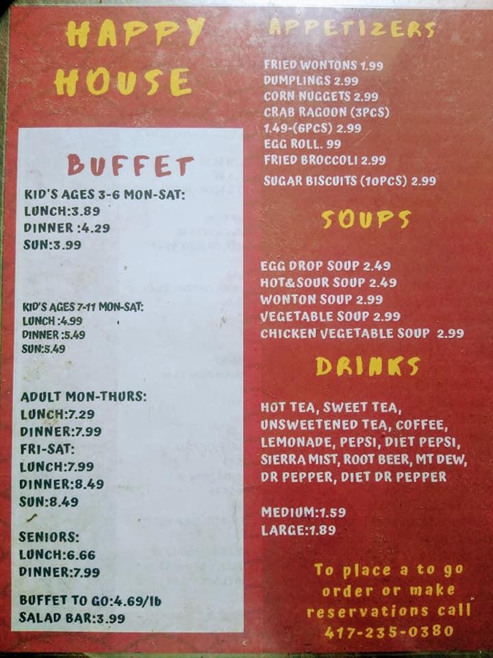 Menu at Happy House restaurant, Monett, 840 US-60