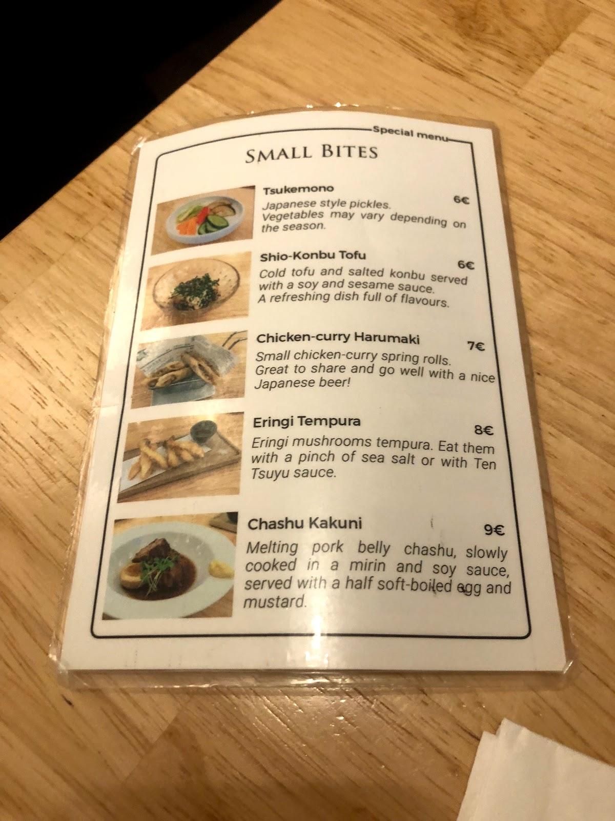 Menu at Ippudo restaurant, Paris, 74-76 Rue Jean-Jacques Rousseau