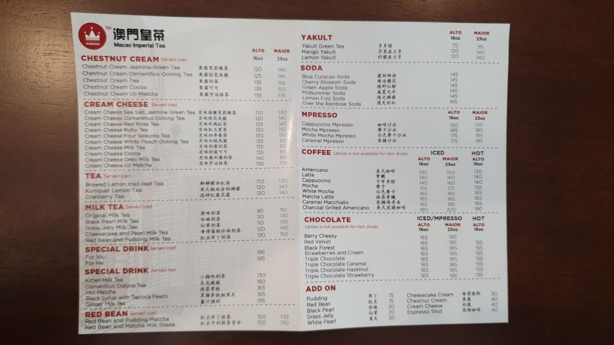 Menu at Macao Imperial Tea - Cluster 3, Eton Centris restaurant, Quezon ...