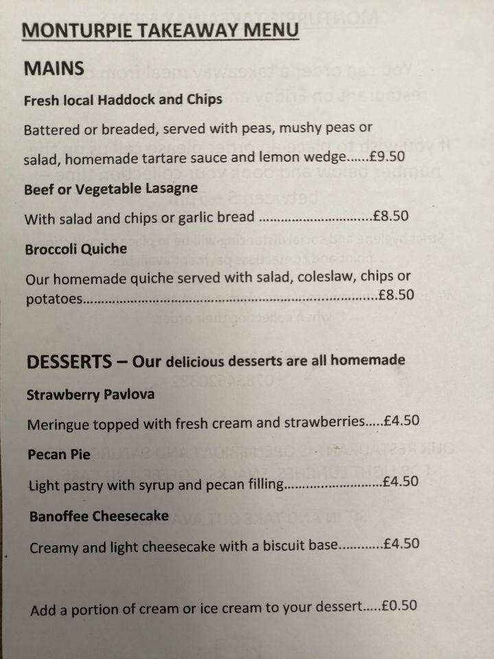 Menu at Monturpie Restaurant, Lower Largo