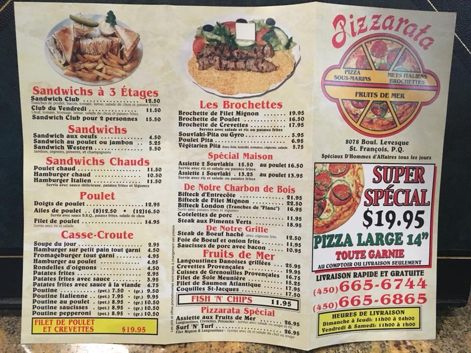 Menu at Pizzarata pizzeria, Laval