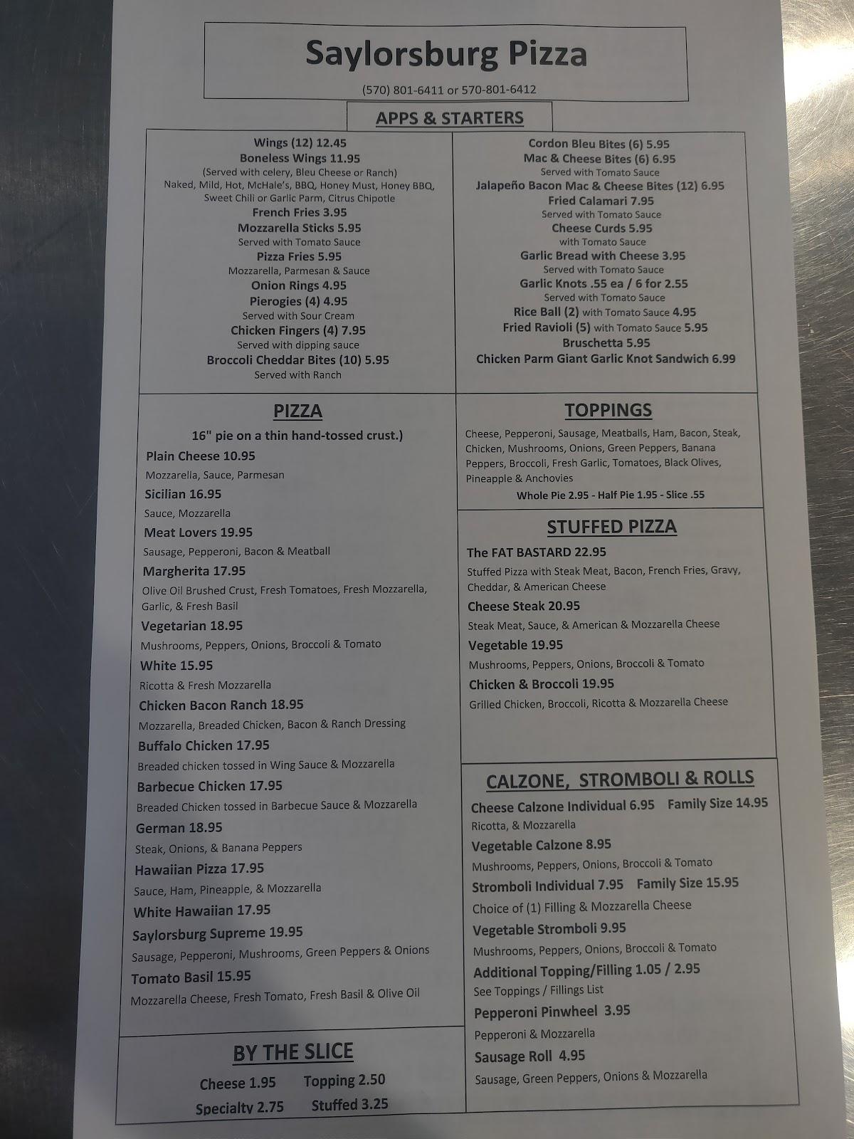 Menu at Saylorsburg pizza pizzeria, Saylorsburg