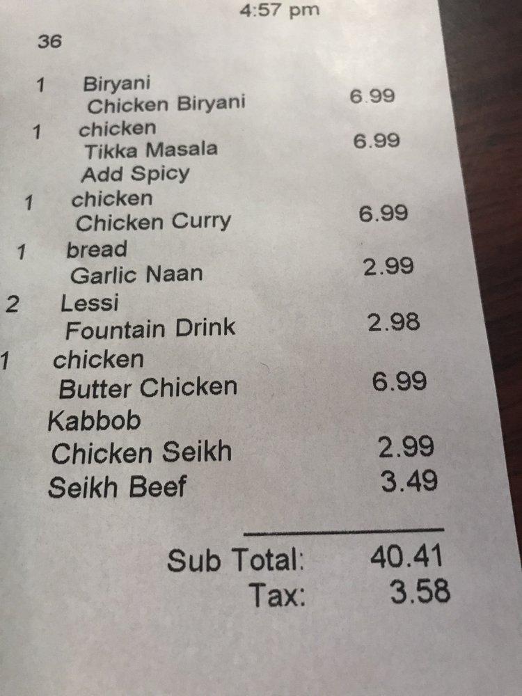 Menu at Sheesh Mahal restaurant, Oklahoma City