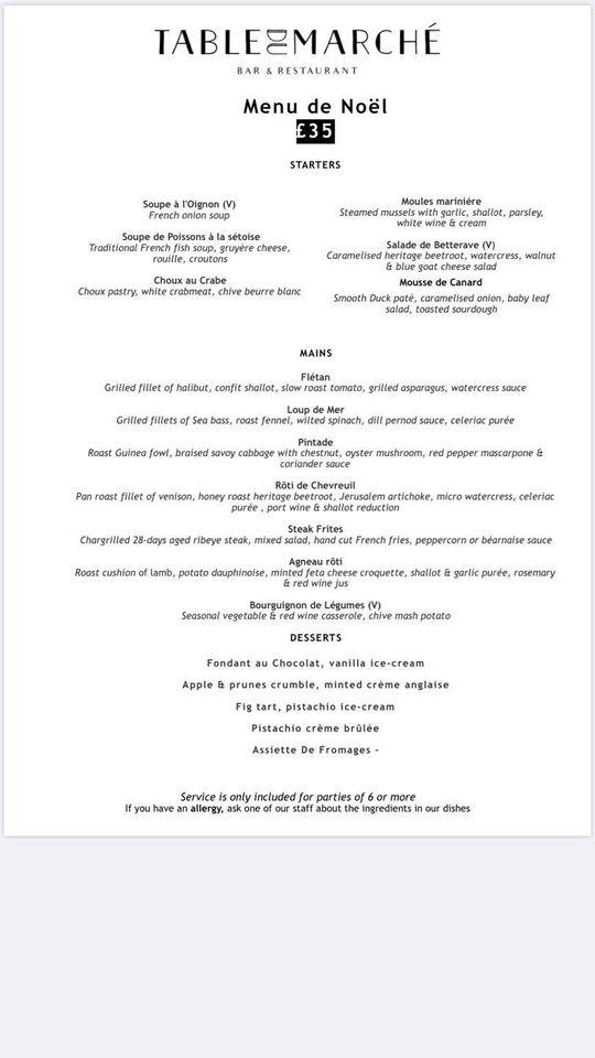 Menu at Table Du Marche restaurant, London
