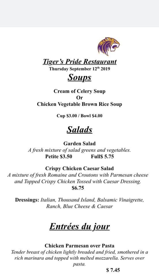 Menu at Tiger's Pride Restaurant, Westfield