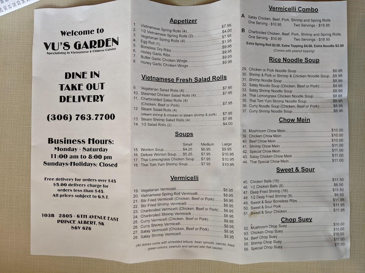 Menu at Vu's Garden restaurant, Prince Albert
