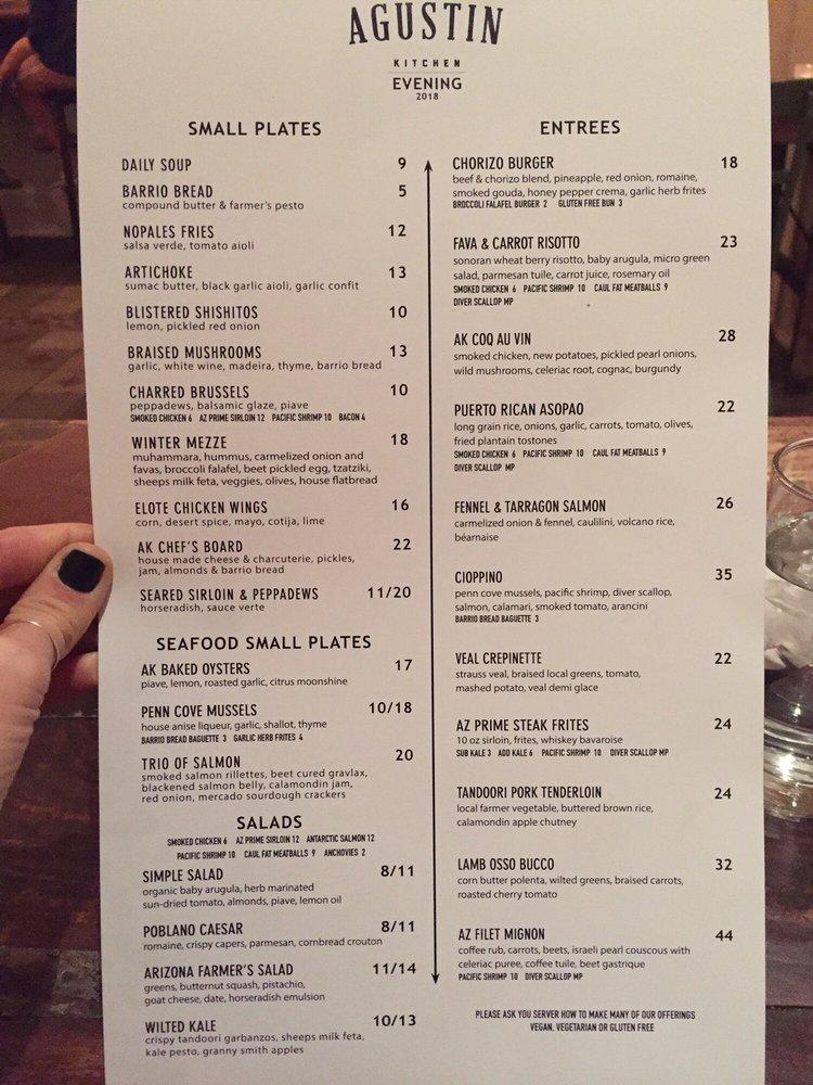 Menu at Agustin Kitchen pub & bar, Tucson